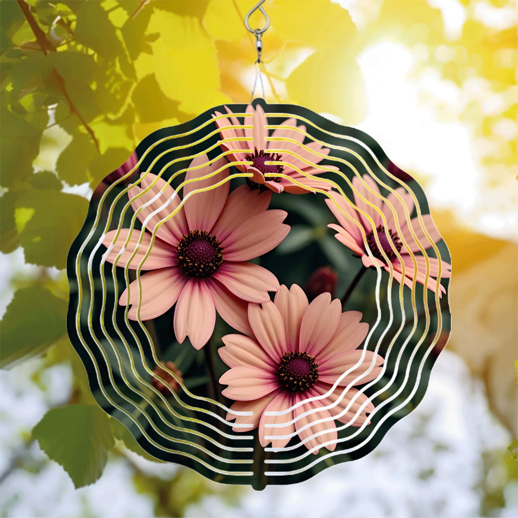 Vibrant Pink Flower Metal Wind Spinner with Dark Centers & White ...