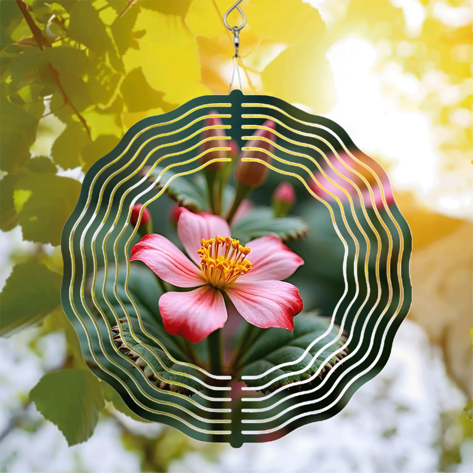 Vibrant Pink Flower Metal Wind Spinner with Geometric White Lines ...