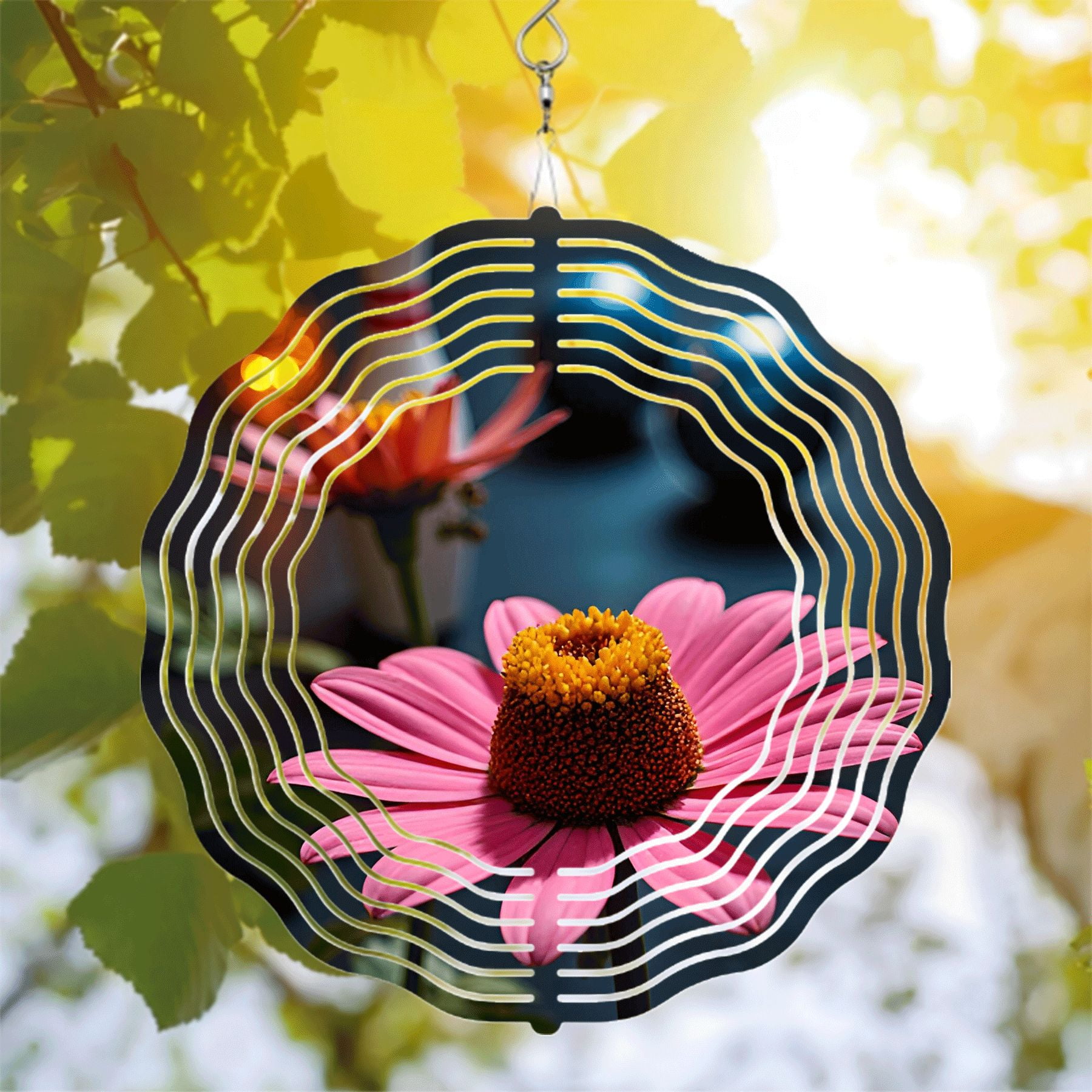 Vibrant Pink Flower Metal Wind Spinner with Yellow Center & White ...