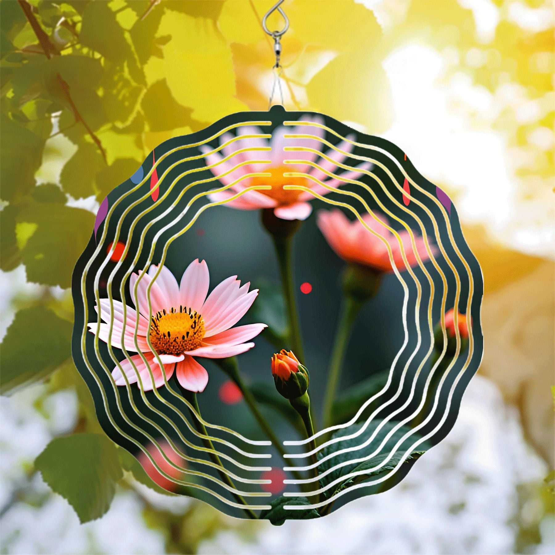 Vibrant Pink Flower Metal Wind Spinner with Yellow Centers - Artistic ...
