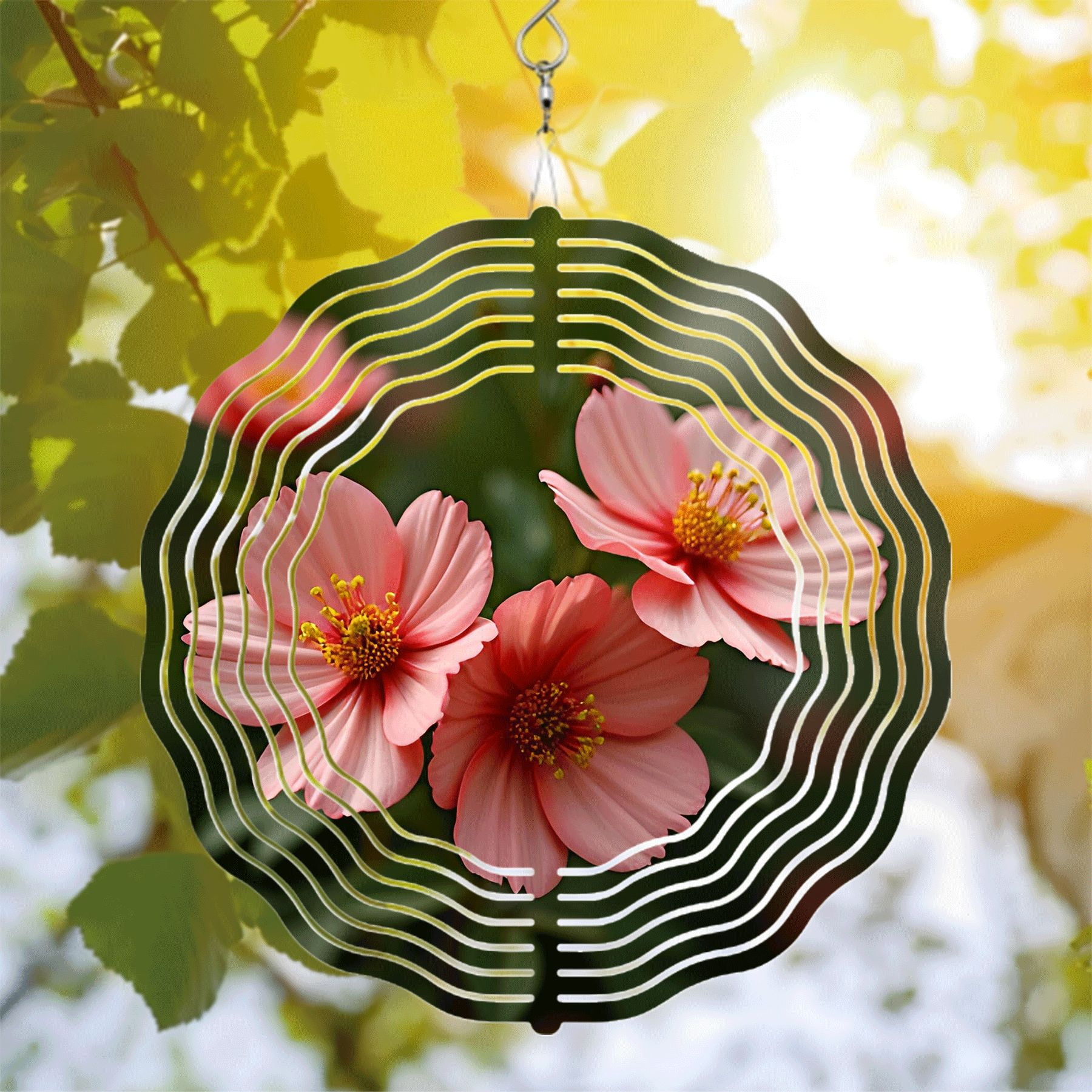 Vibrant Pink Flower Metal Wind Spinner with Yellow Centers - Circular ...