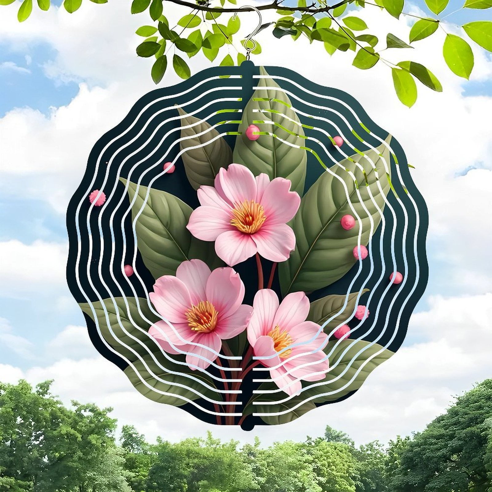 Vibrant Pink Flower Metal Wind Spinner with Yellow Centers & Green ...