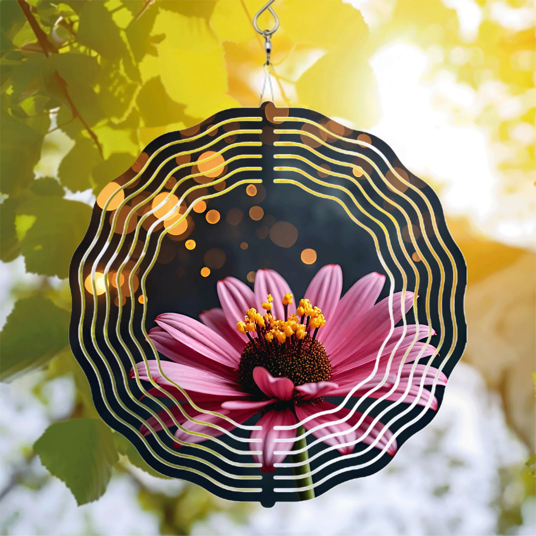 Vibrant Pink Flower Metal Wind Spinner with Yellow Stamens & Circular ...