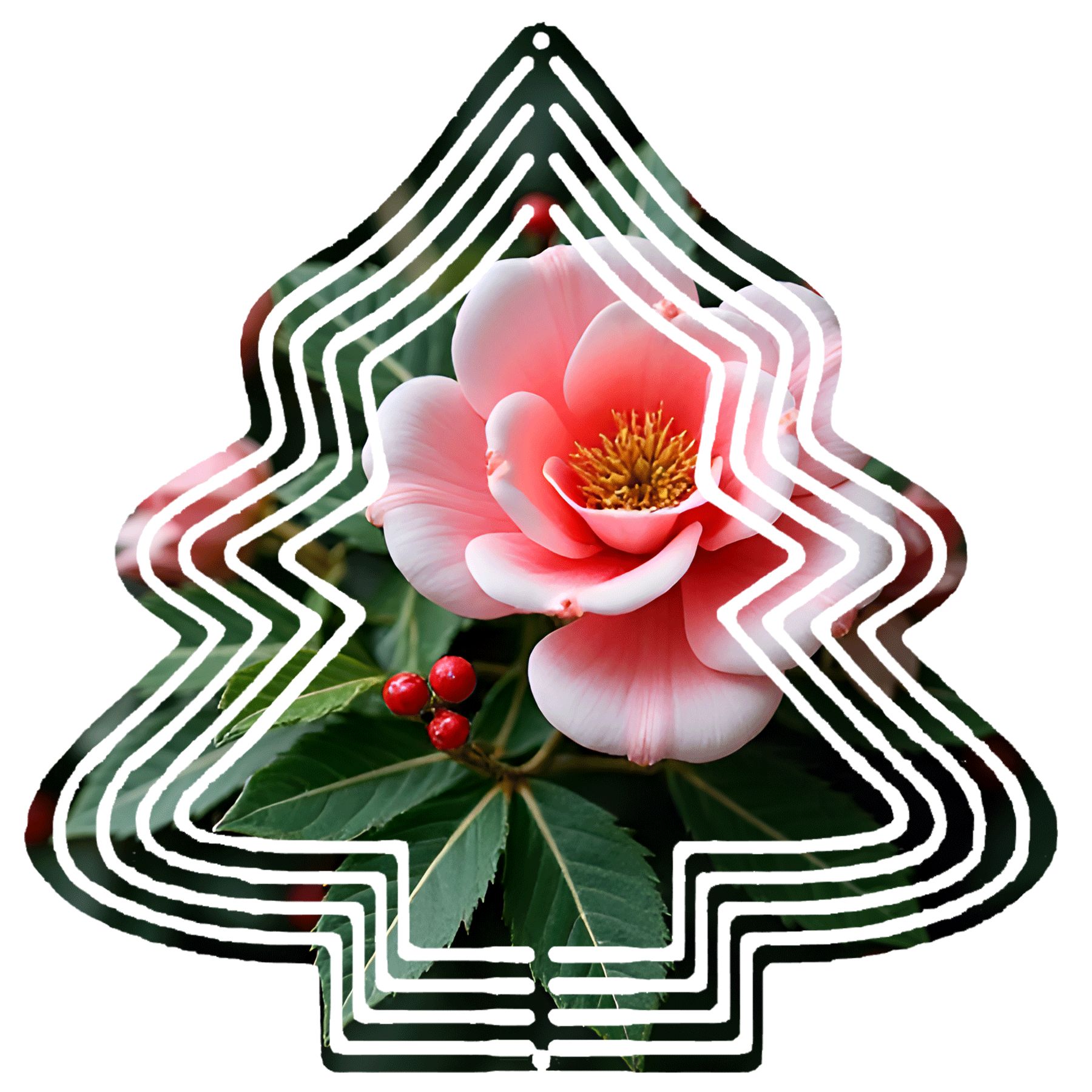 Vibrant Pink Flower & Red Berries Metal Hanging Christmas Tree Wind ...