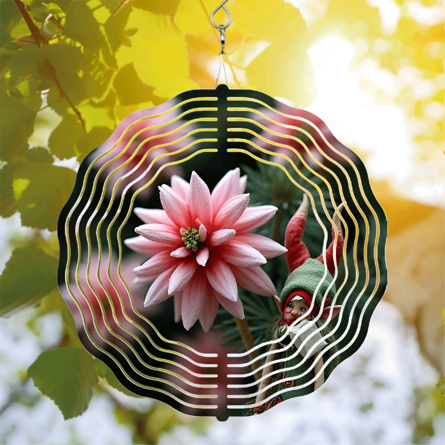 Vibrant Pink Flower & Whimsical Metal Hanging Wind Spinner - Decorative ...
