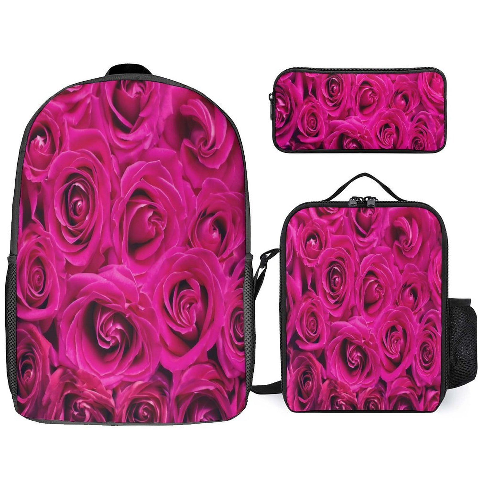 Vibrant Pink Rose Bouquet(2) 3D Printed 3pcs/Set Bags Laptop Daypack ...