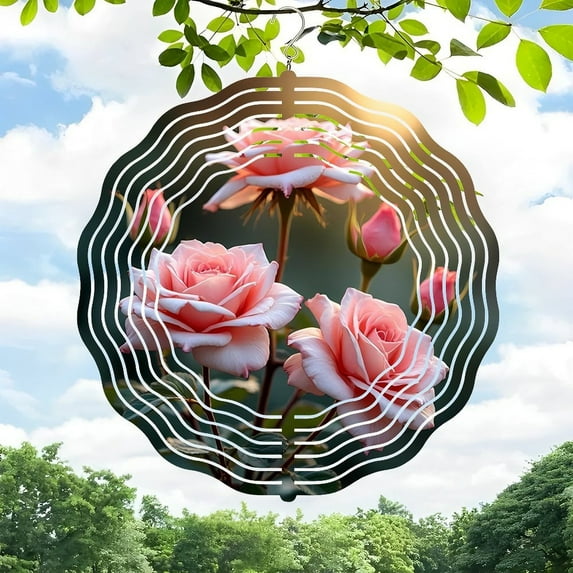 Vibrant Pink Roses Metal Hanging Wind Spinner with Wavy Translucent ...