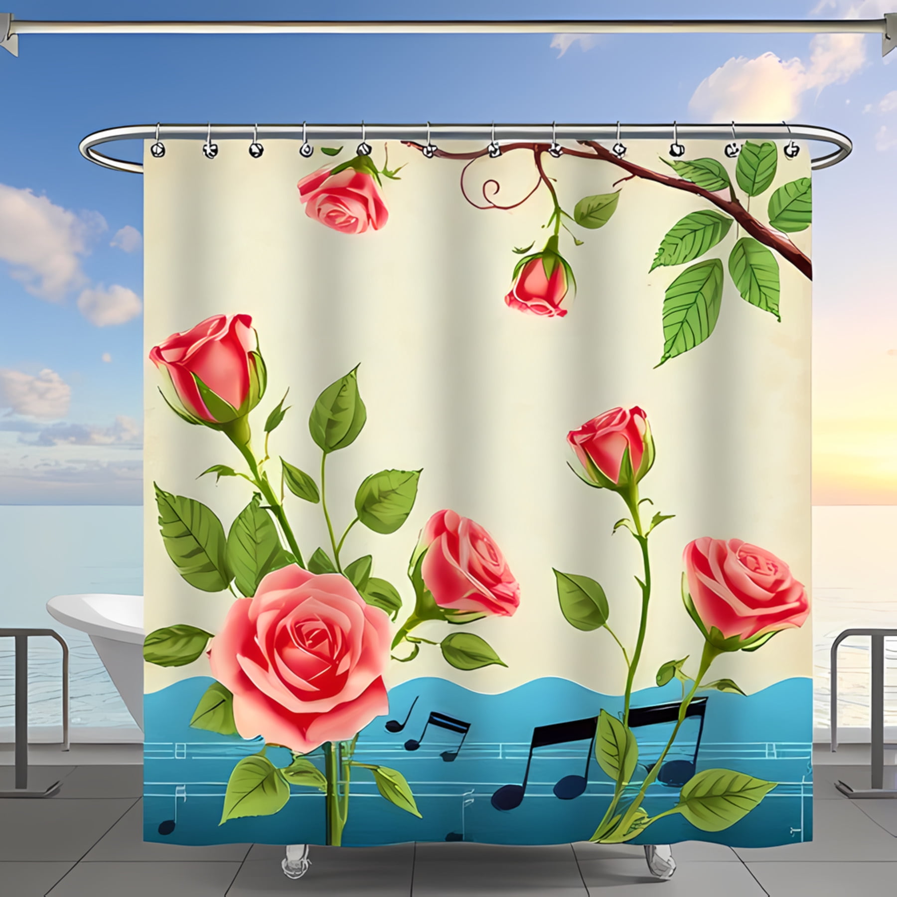 Vibrant Pink Roses & Musical Notes Shower Curtain - Artistic Floral ...