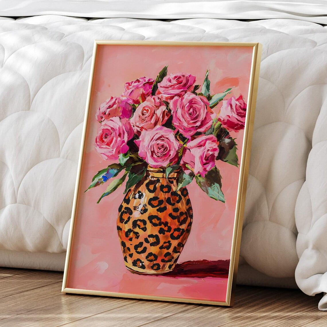 Vibrant Pink Roses Print, Panther Vase Painting, Pinky Fashion Floral ...