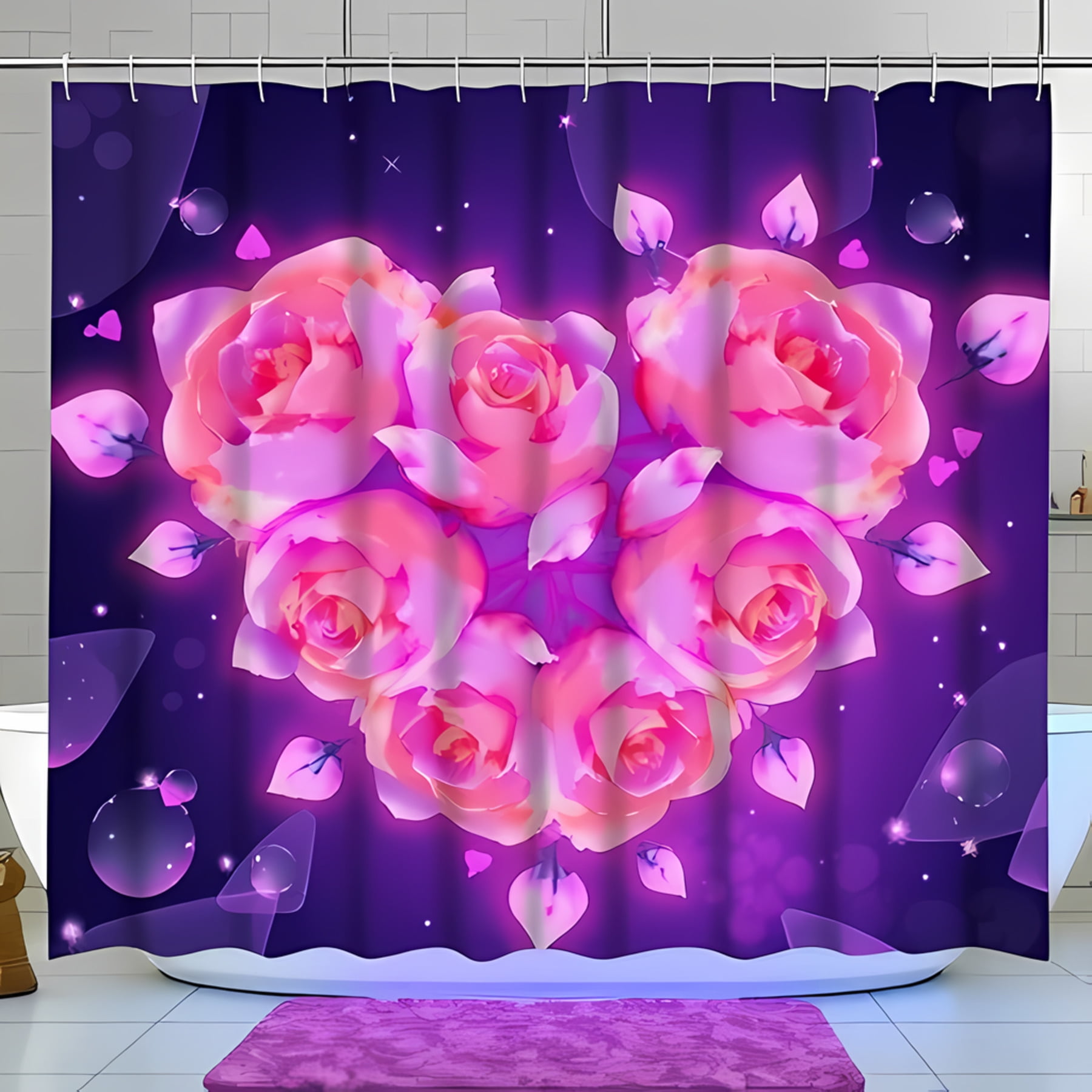 Vibrant Pink Roses Shower Curtain with Heart - Shaped Leaves ...