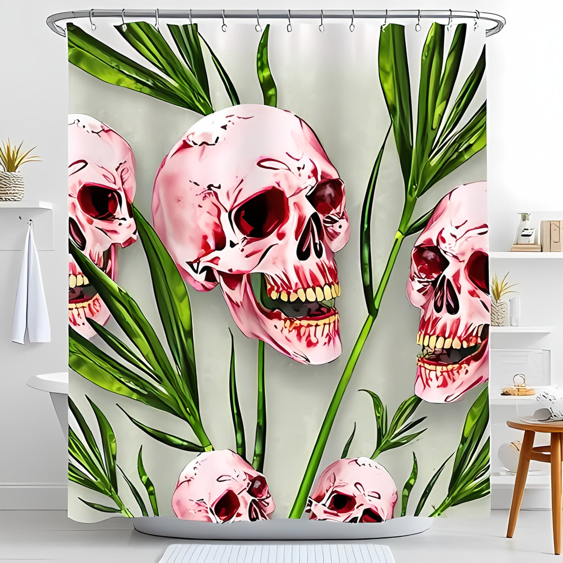 Vibrant Pink & Shower Curtain with Tropical Green Foliage - Bold ...