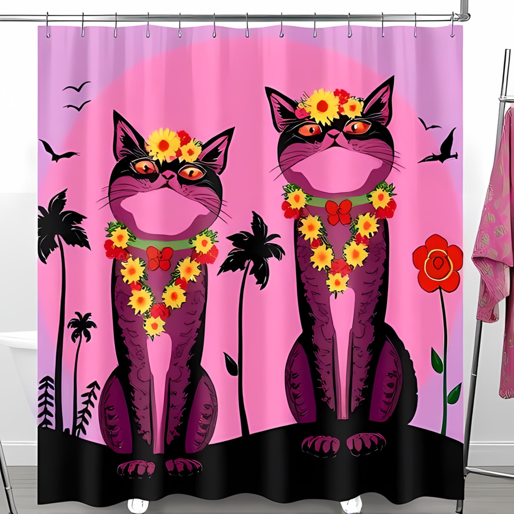 Vibrant Pink Tropical Shower Curtain with Purple Cats in Leis Trees ...
