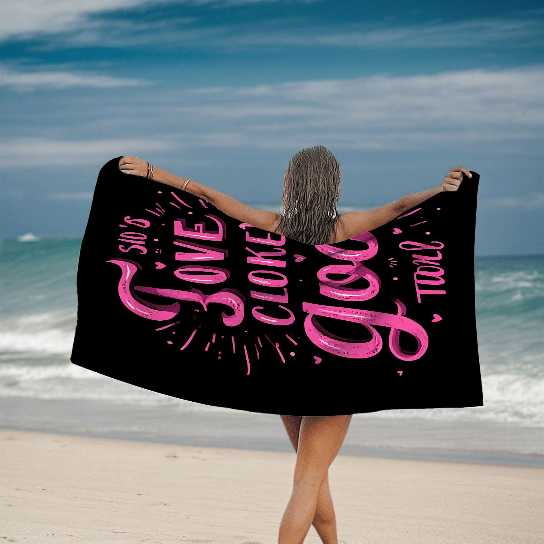 Vibrant Pink & White Text Design Beach Towel - Playful Hearts & Cursive ...