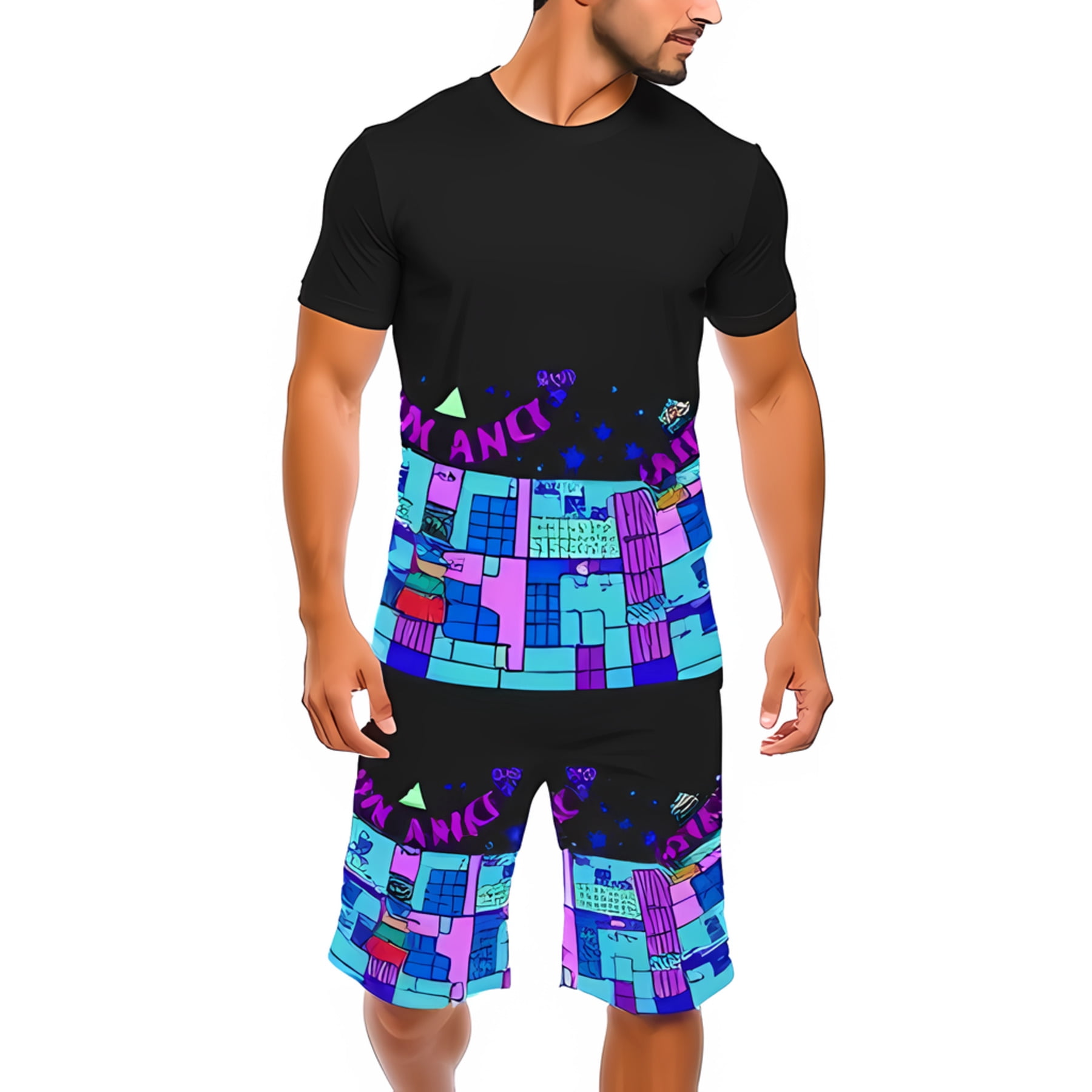 Vibrant Pixelated City Map T-Shirt & Shorts Set for Men - Modern Teal ...