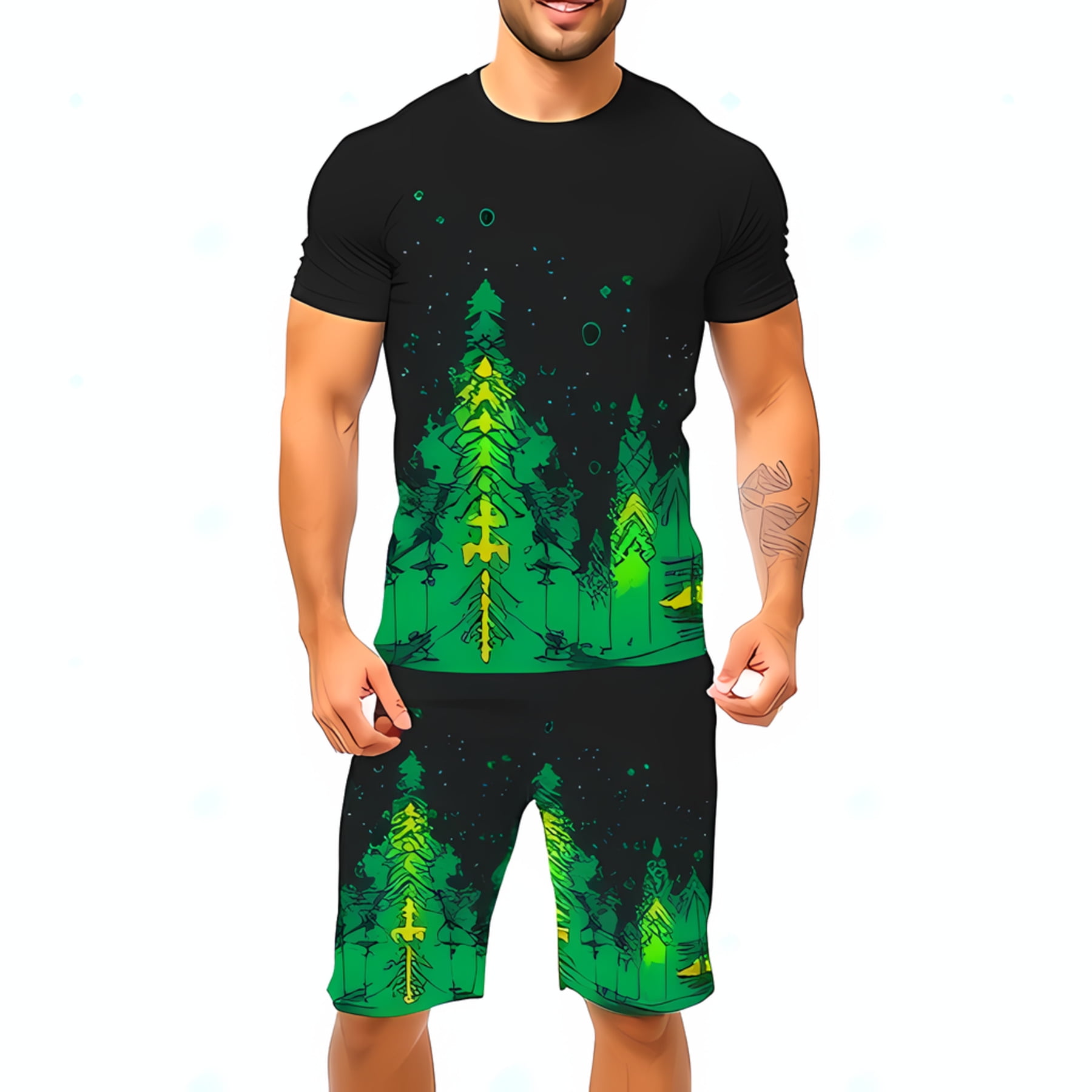 Vibrant Pixelated Forest T-Shirt & Shorts Set - Retro Style with Trees ...