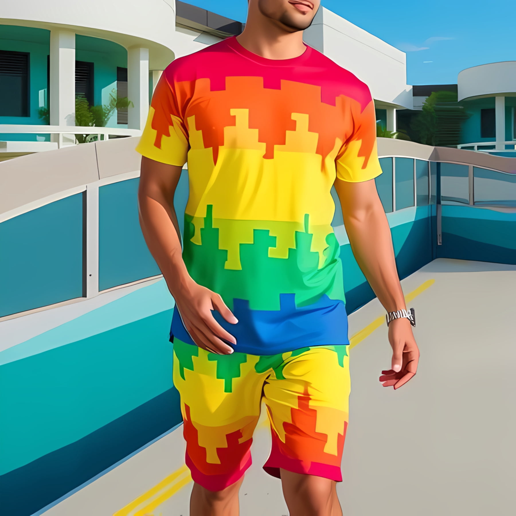 Vibrant Pixelated Rainbow T-Shirt and Shorts Set - Bold Geometric ...