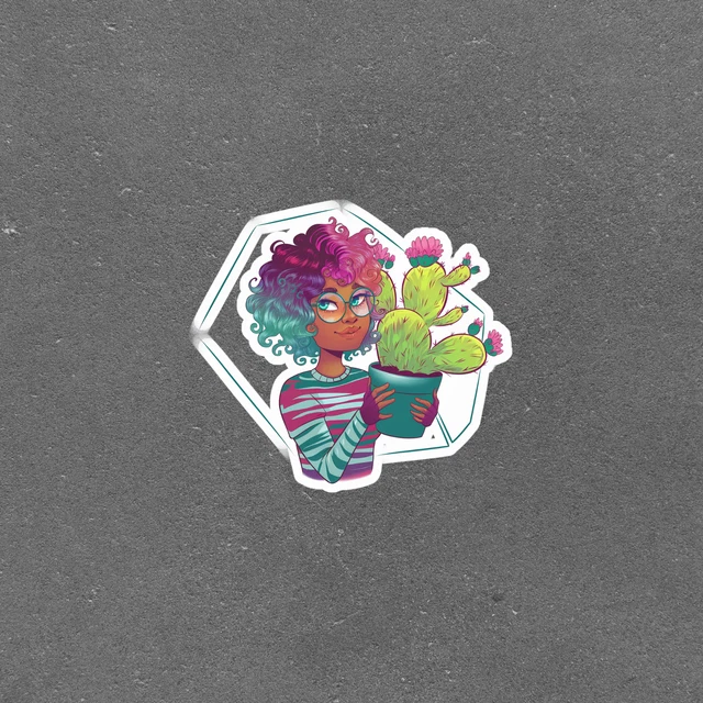 Vibrant Plant Mom Sticker - Colorful Curly Hair Glasses Cactus ...