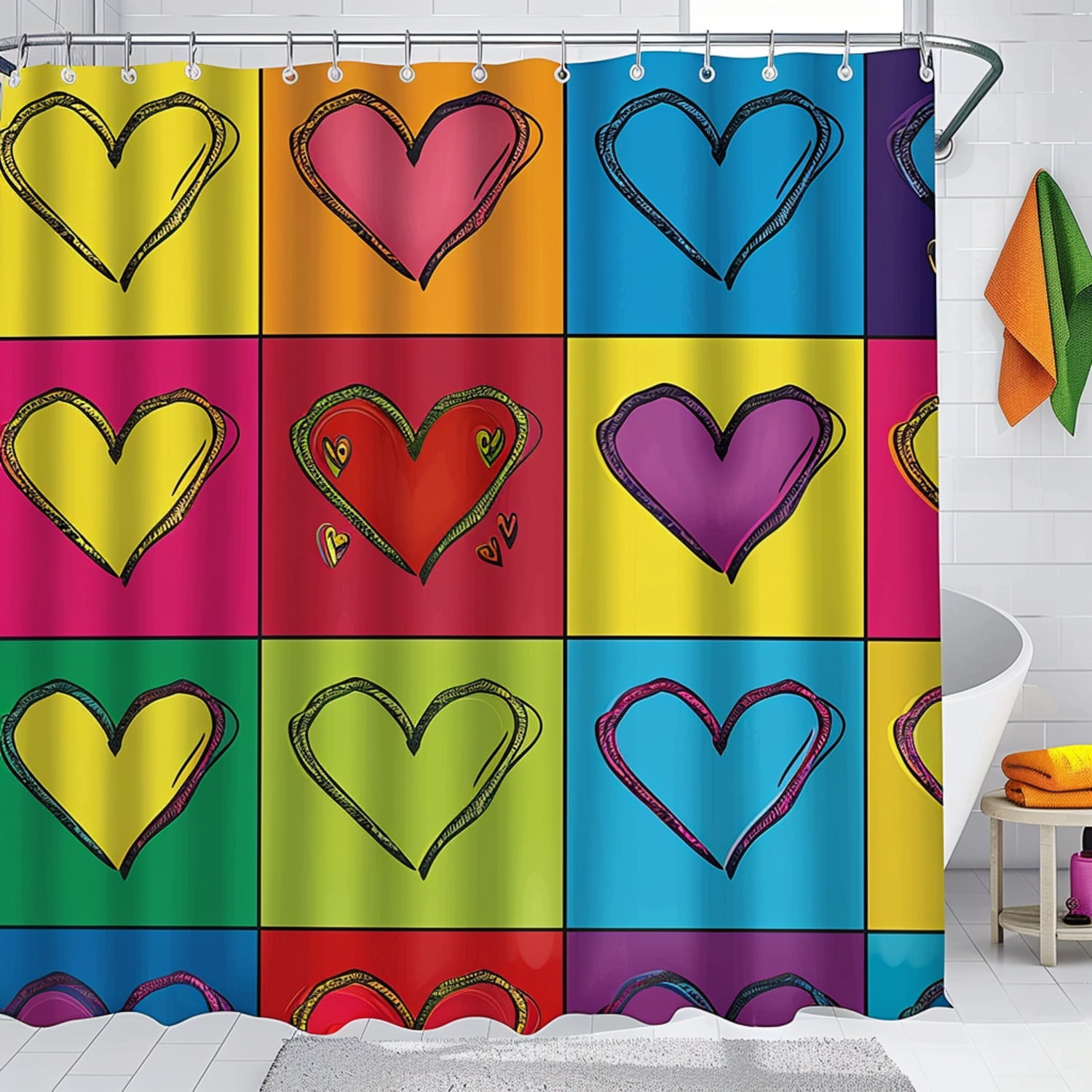 Vibrant Pop Art Heart Shower Curtain - Colorful Bathroom Decor with ...