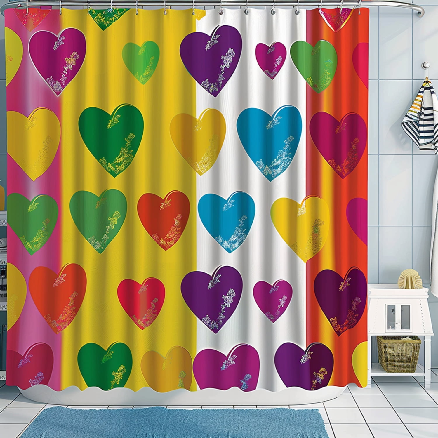 Vibrant Pop Art Hearts on Bright Background Modern Bathroom Curtain ...