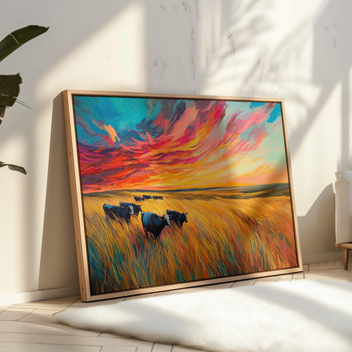 Vibrant Prairie Sunset Print, Colorful Western Landscape Art, Rustic Cattle Field Painting ...