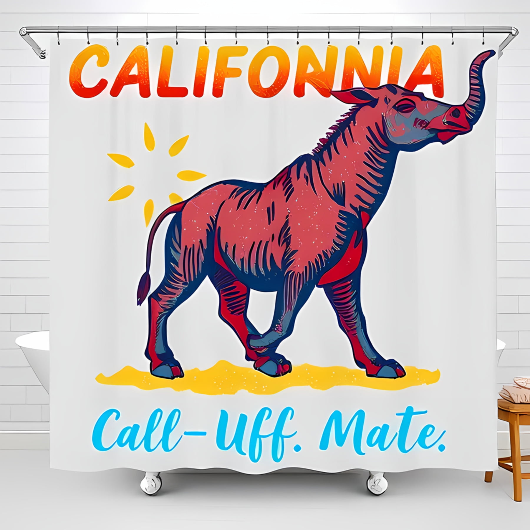 Vibrant Prehistoric Creature Shower Curtain - Retro Woolly Rhinoceros ...