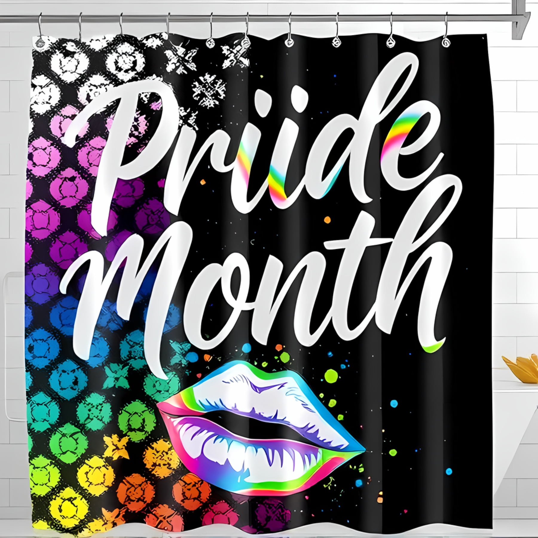 Vibrant Pride Month Shower Curtain with Rainbow Gradient Text ...