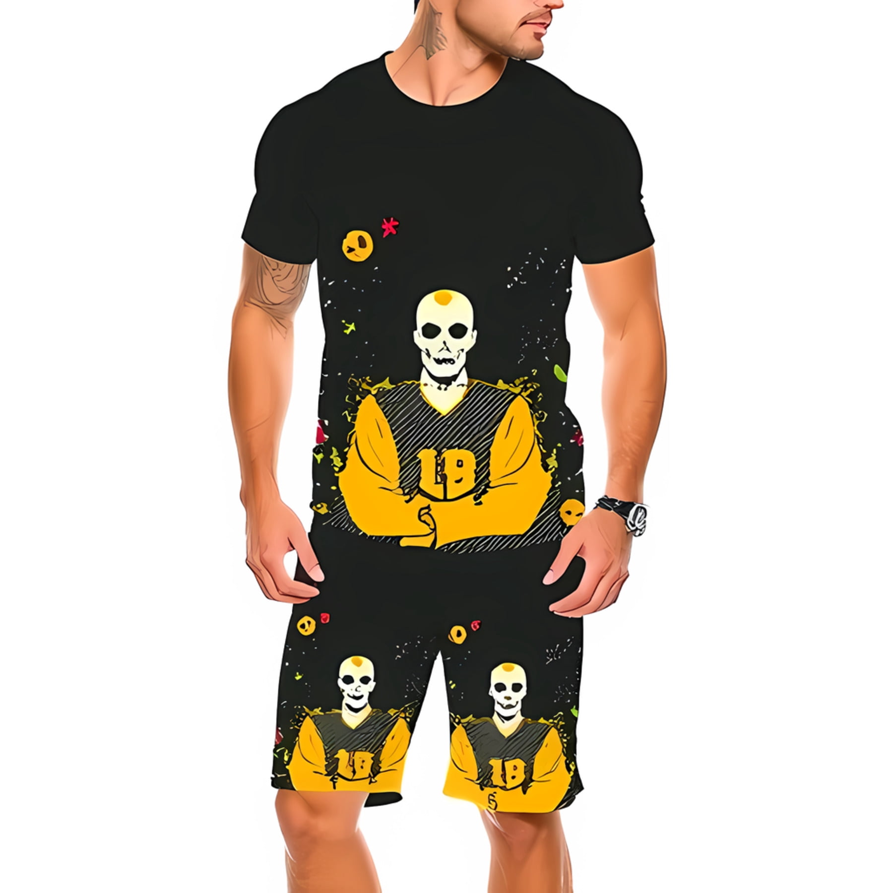Vibrant Print T-Shirt and Shorts Set - Edgy Yellow & Black Design with ...