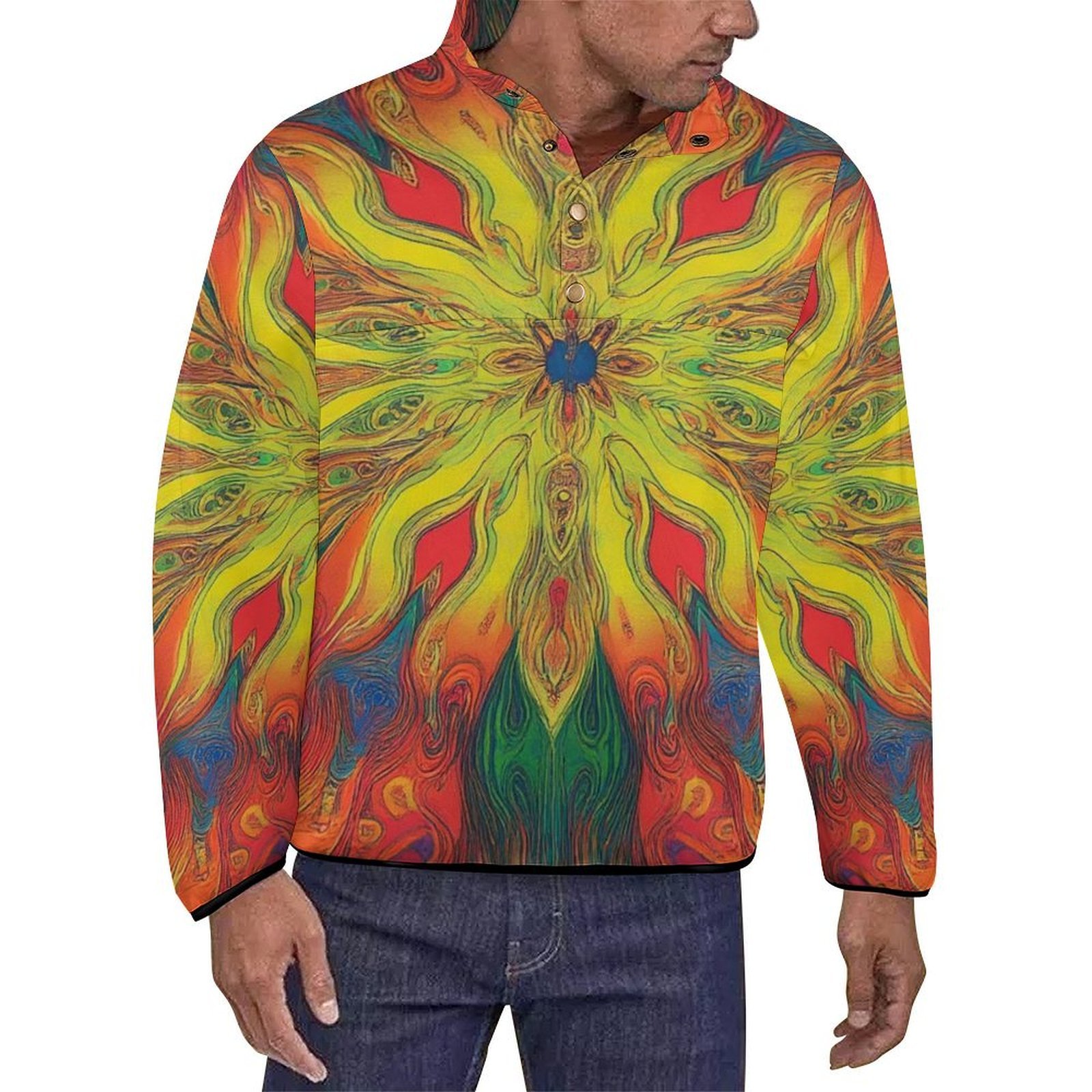 Vibrant Psychedelic Mandala Art Men's Stand Collar Sweater Long Sleeve ...