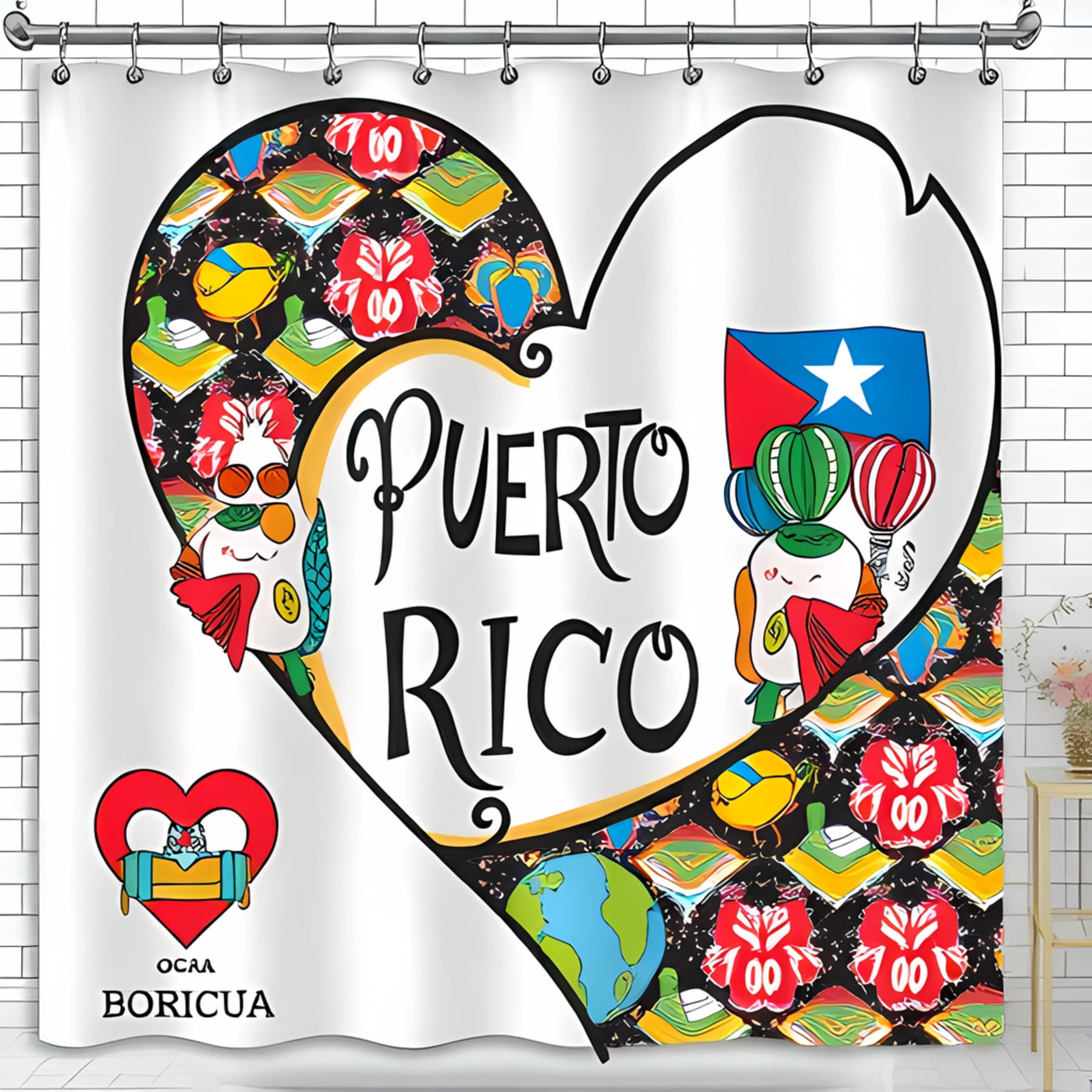 Vibrant Puerto Rican Heart-Shaped Shower Curtain with Colorful Motifs ...