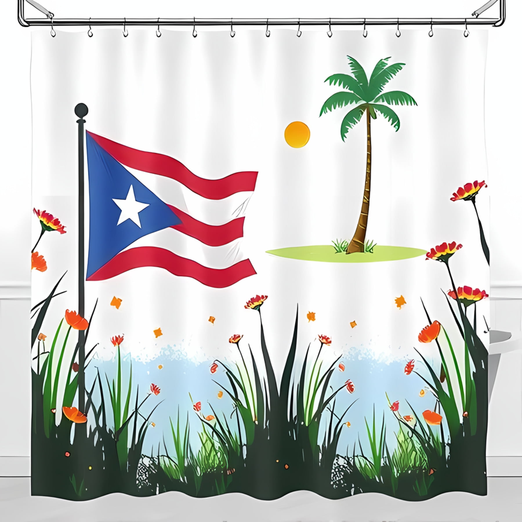 Vibrant Puerto Rico Shower Curtain with Flag Tree and Tropical Floral ...