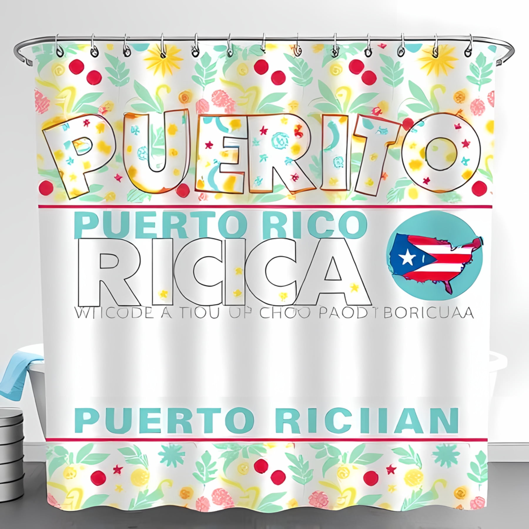Vibrant Puerto Rico Shower Curtain with Multicolored 'PUERTO RICO ...