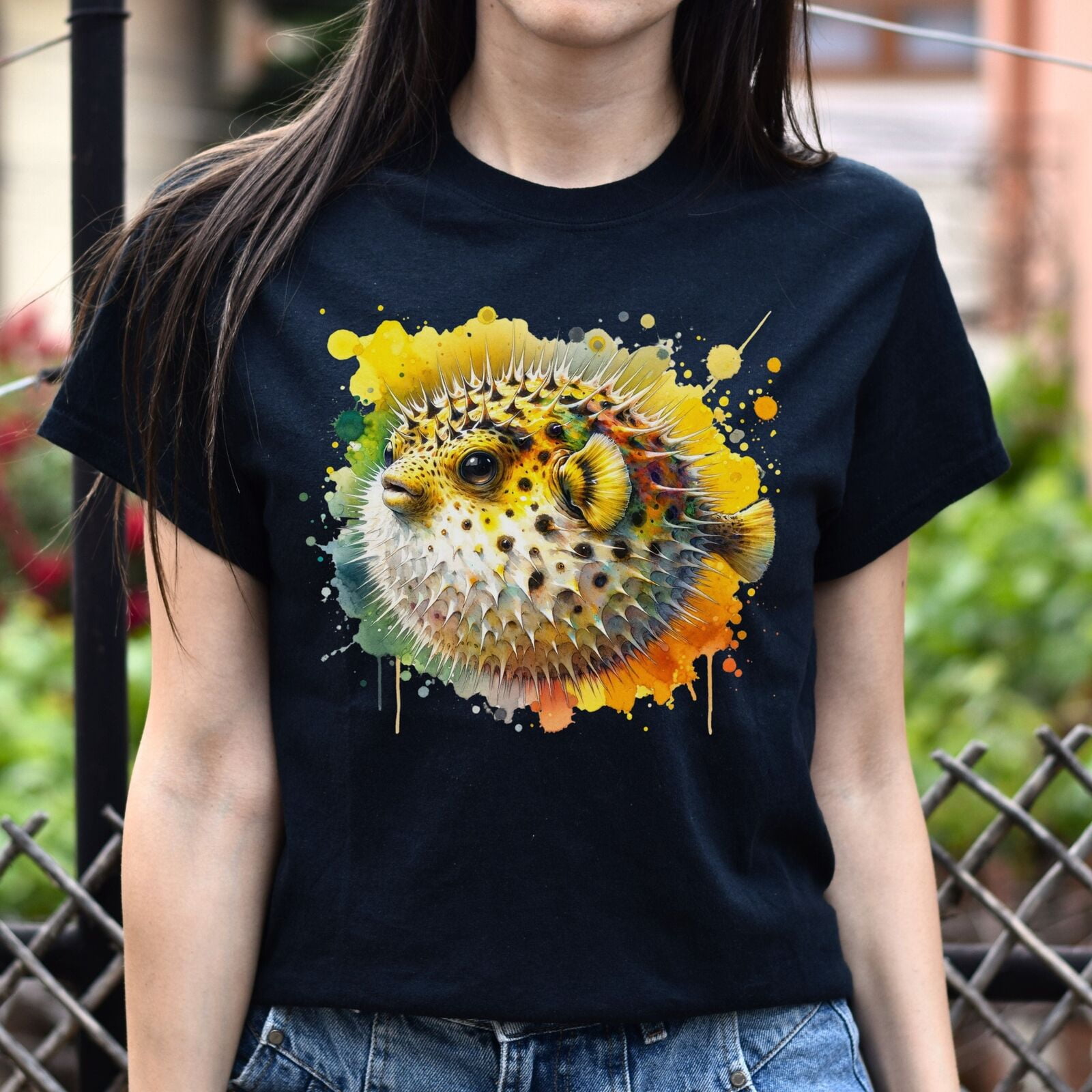 Vibrant Pufferfish Color Splash Unisex T-shirt Black Navy Dark Heather ...