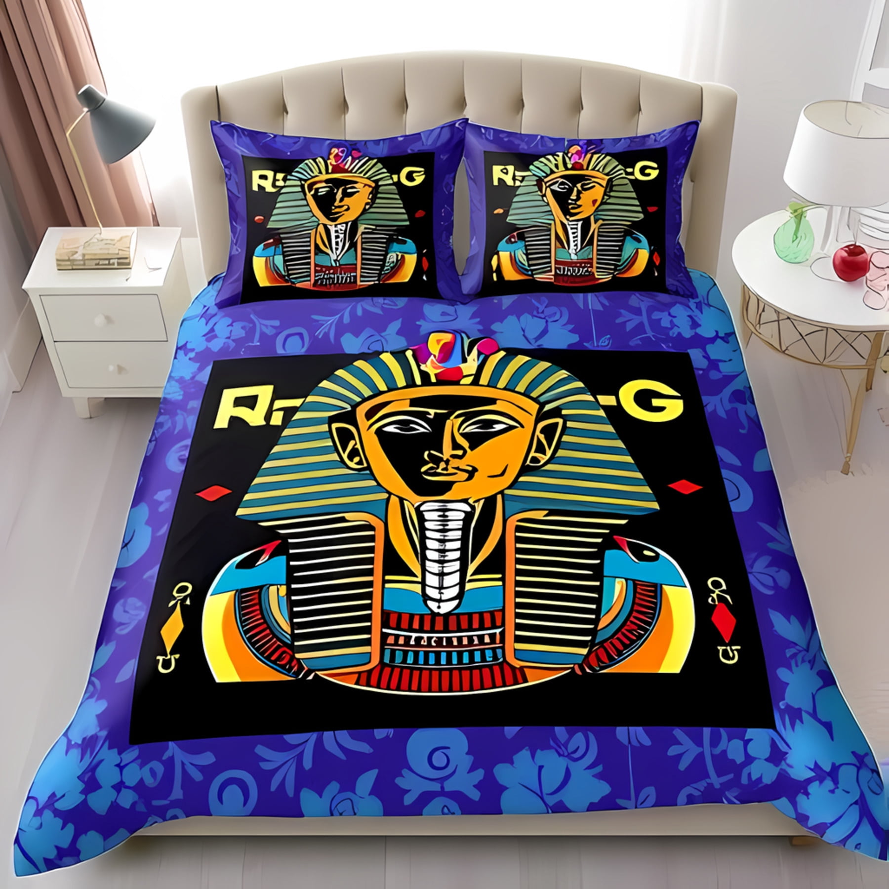 Vibrant Purple 3-Piece Duvet Cover Set with Bold Pharaoh Bust Design ...