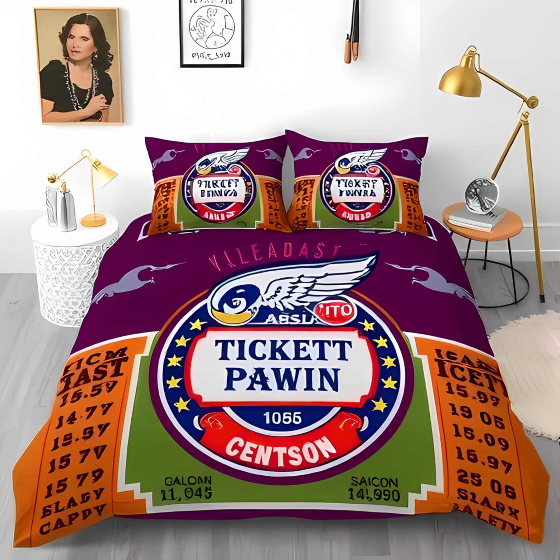 Vibrant Purple 3-Piece Duvet Cover Set with Vintage Inspired Ticket ...
