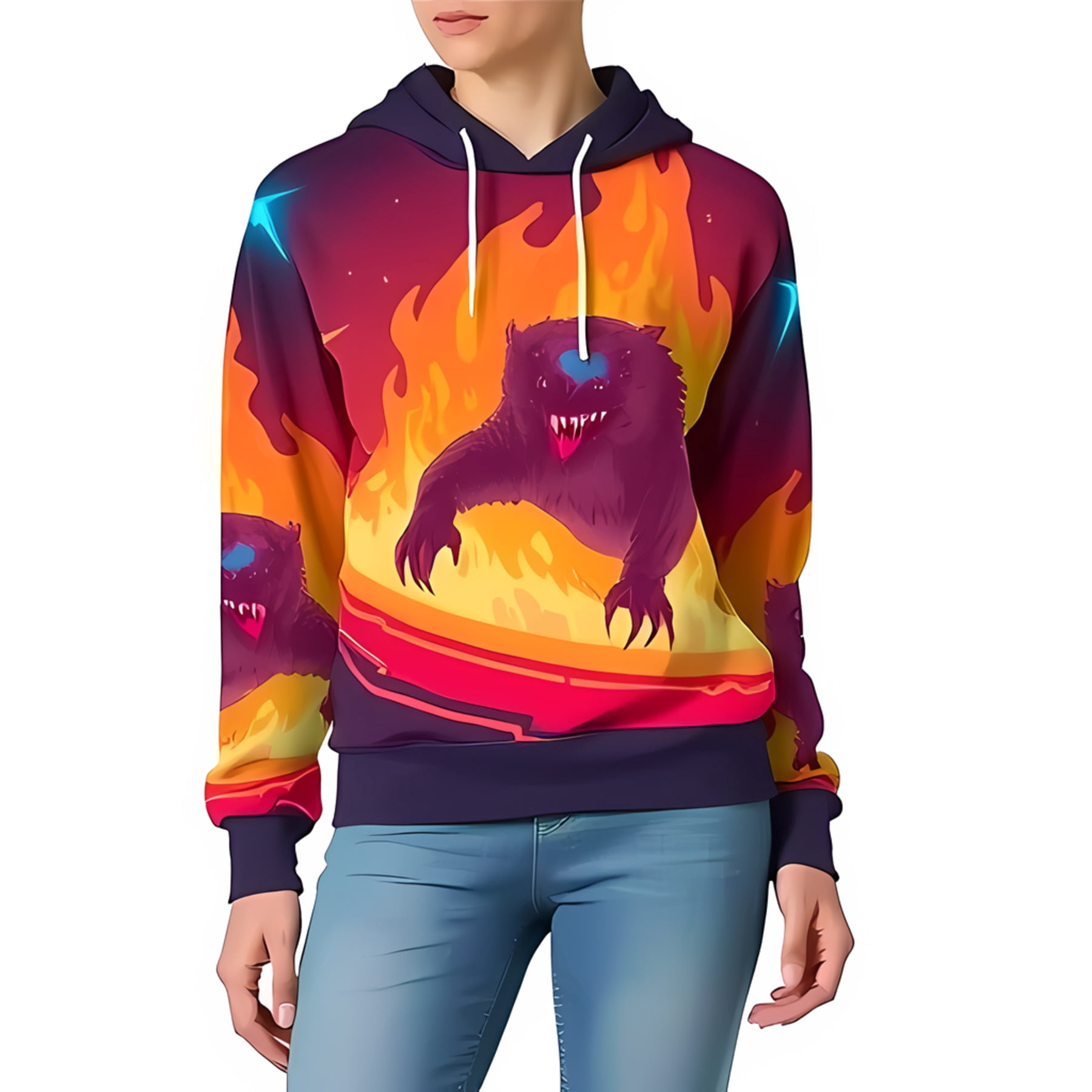 Vibrant Purple 3D Hoodie with Fierce Dark Creature & Fiery Flames ...