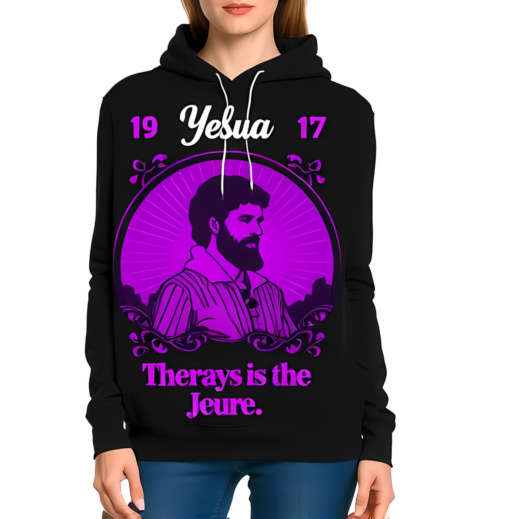 Vibrant Purple 3D Hoodie with Yeshua Portrait Ornate Design & "Therays ...