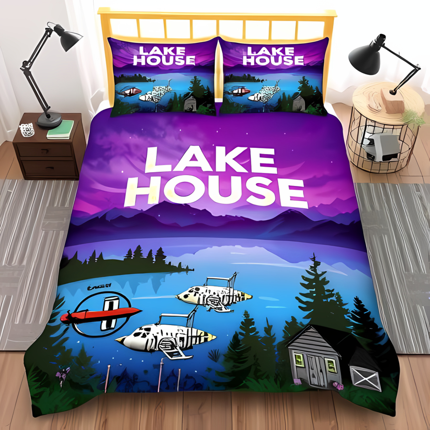 Vibrant Purple & Blue Lake House Duvet Cover Set Serene Night Scene ...