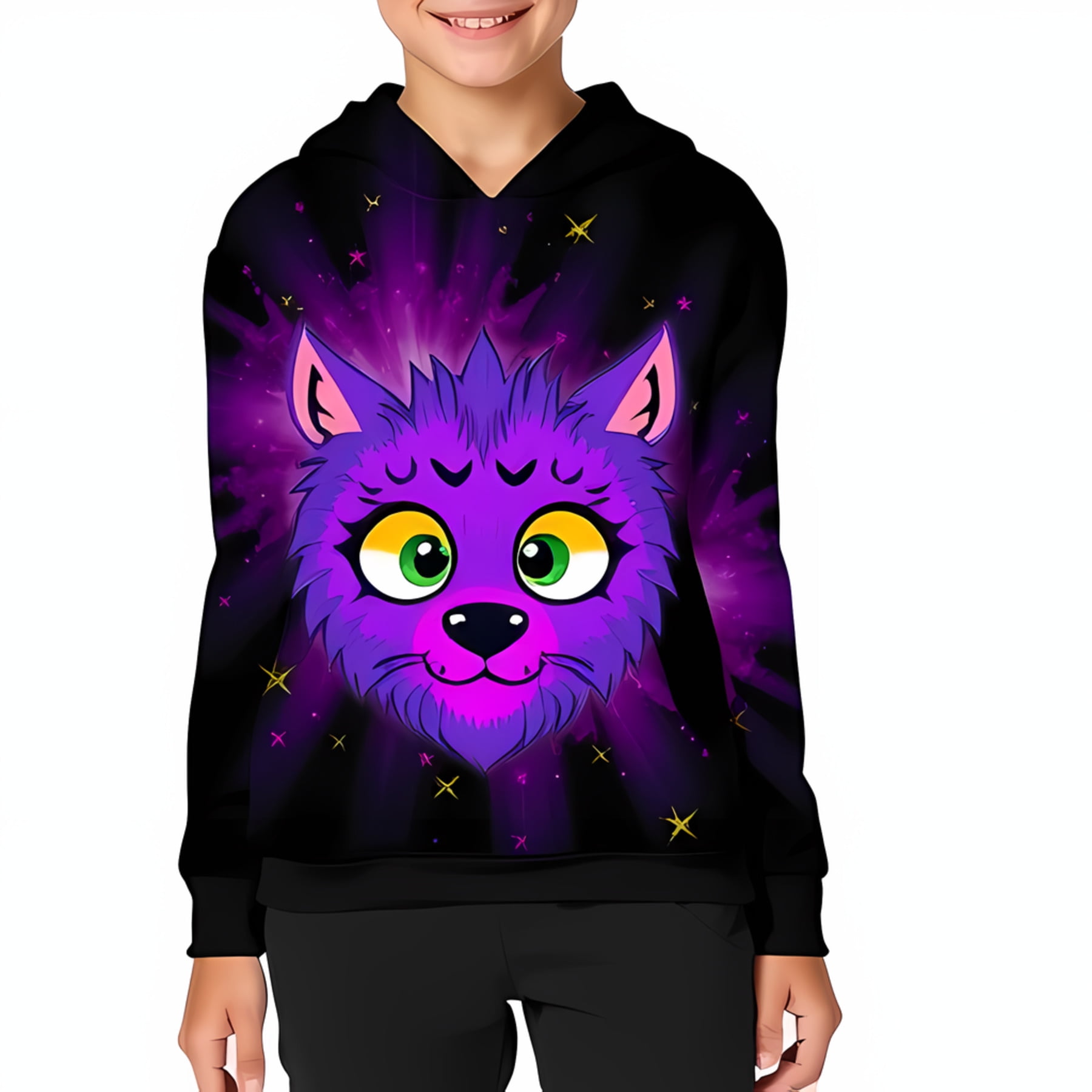 Vibrant Purple Cartoon 3D Hoodie for Black with Starry Design Playful ...