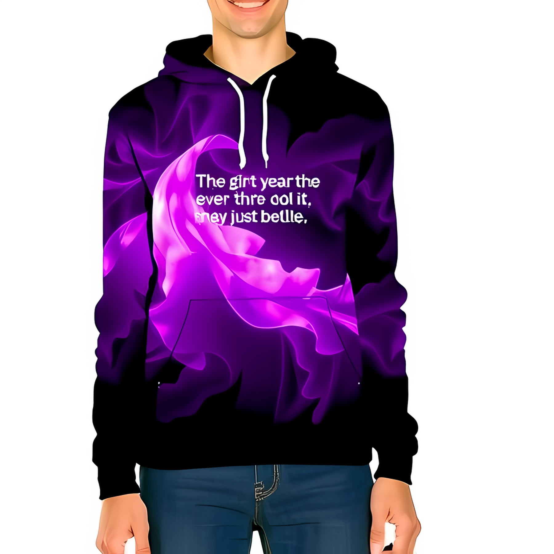 Vibrant Purple Flame Design 3D Hoodie with Enigmatic Quote - Stylish ...