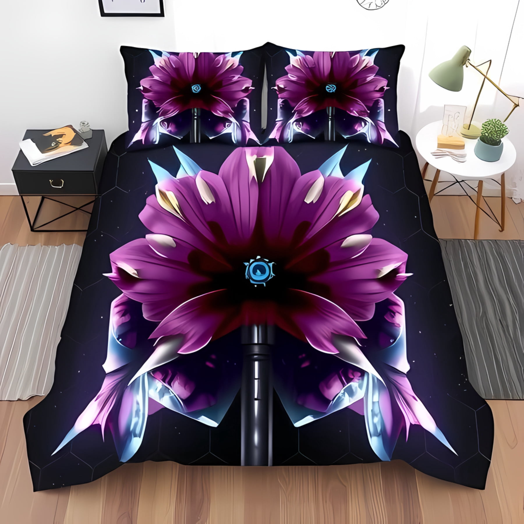 Vibrant Purple Floral Comforter Set Futuristic Design with Glowing ...