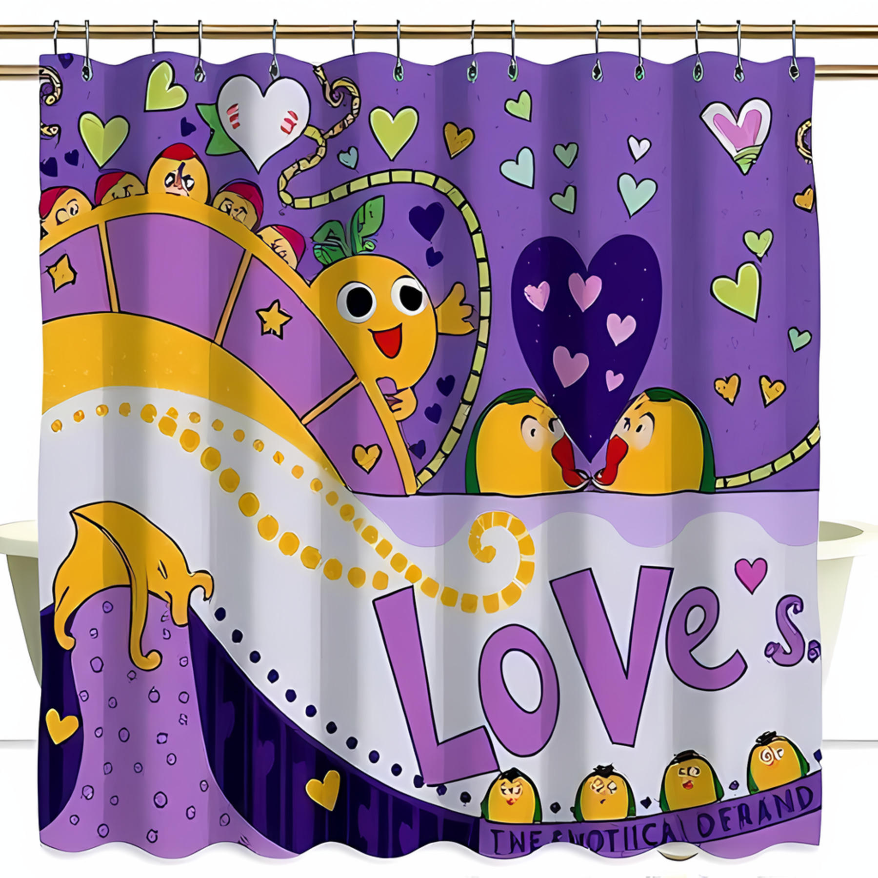 Vibrant Purple Heart & Curtain - Whimsical Yellow Characters Embracing ...