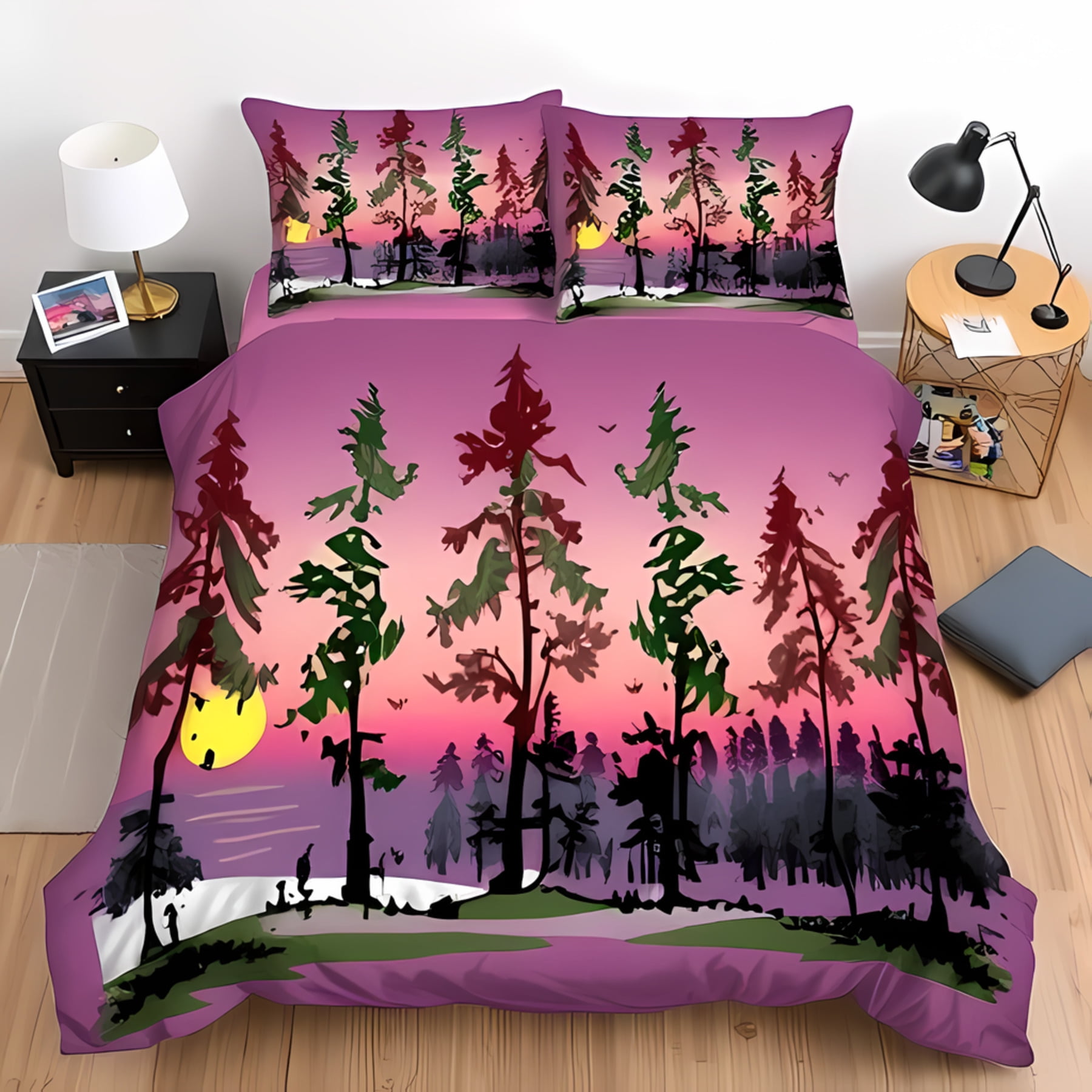 Vibrant Purple Sunrise Bedding Set with Stylized Pine Trees - Whimsical ...