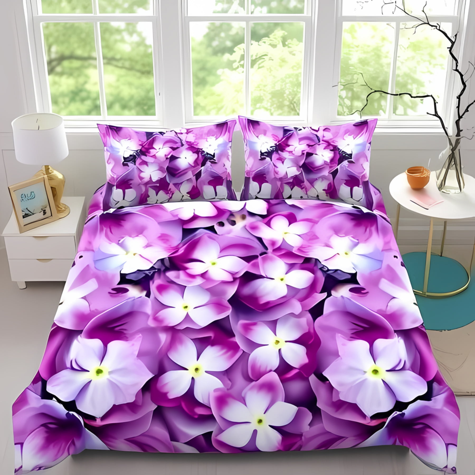 Vibrant Purple & White Floral Comforter Set with Hydrangeas - Cozy ...
