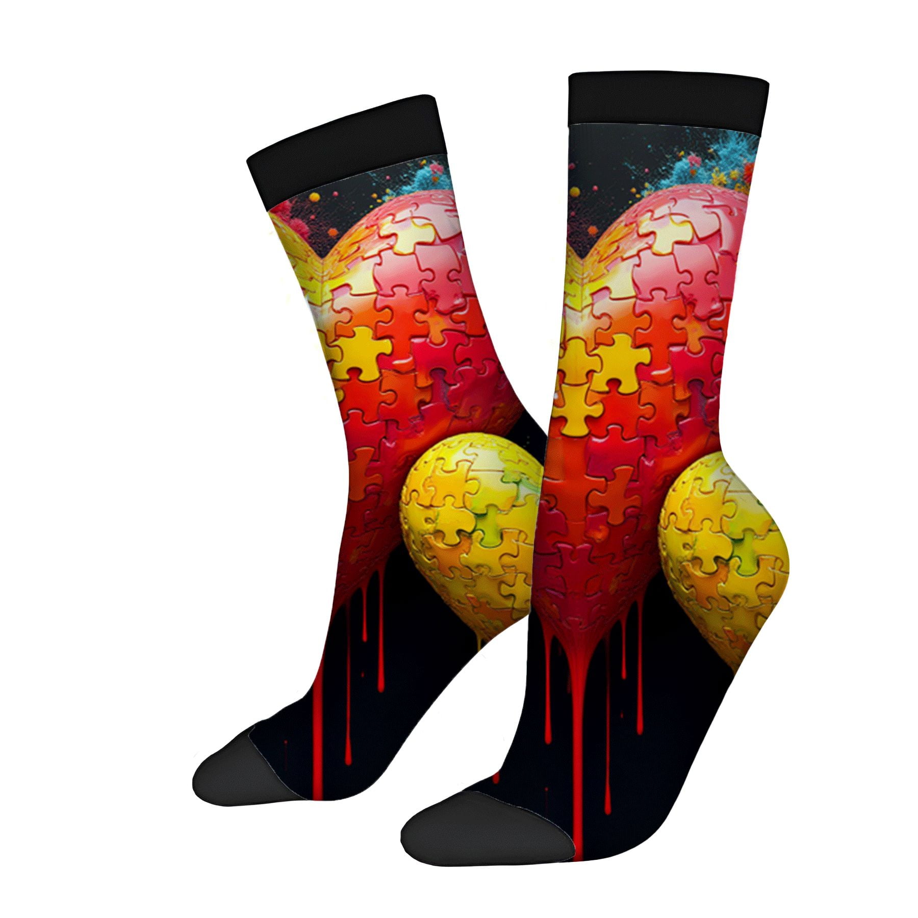 Vibrant Puzzle Heart Design Socks - 2 Pairs of Unisex Trendy Socks with ...