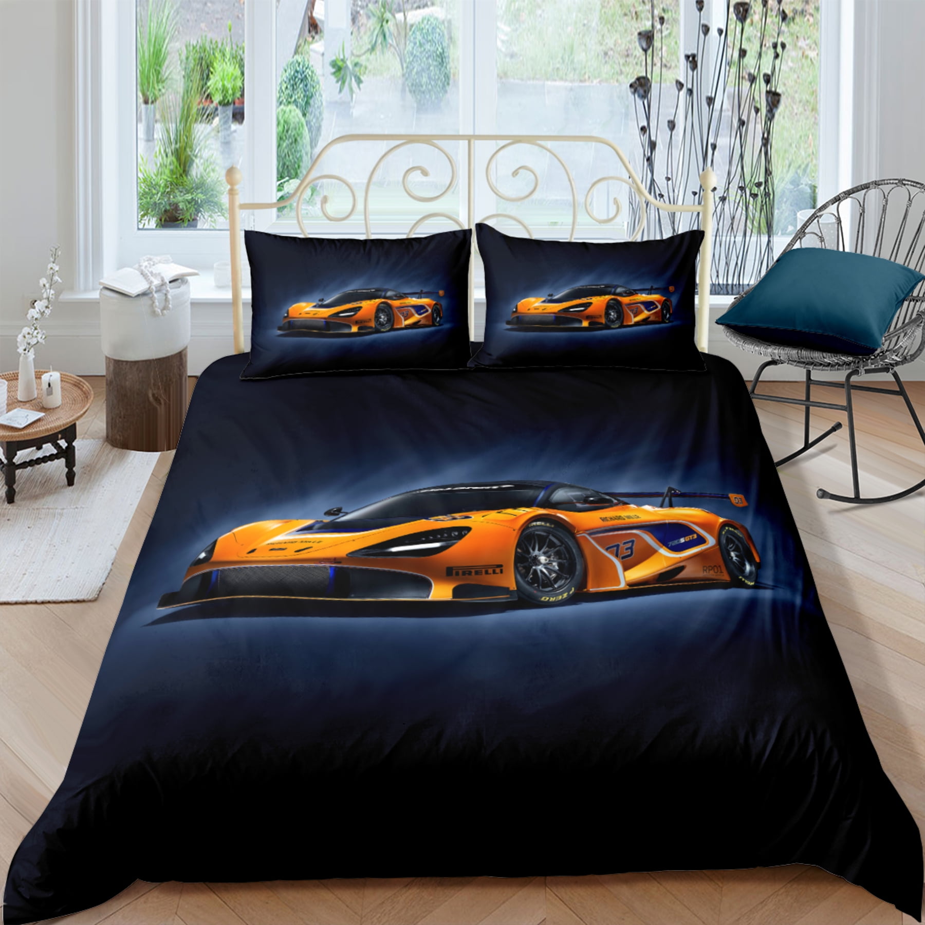 Vibrant Race Car Bedding Set High-Resolution Graphic on Deep Blue ...