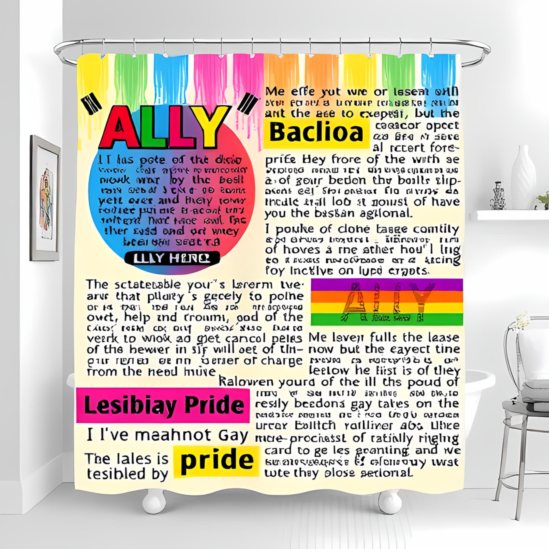 Vibrant Rainbow Ally Flag Shower Curtain with Playful Text - Bold ...
