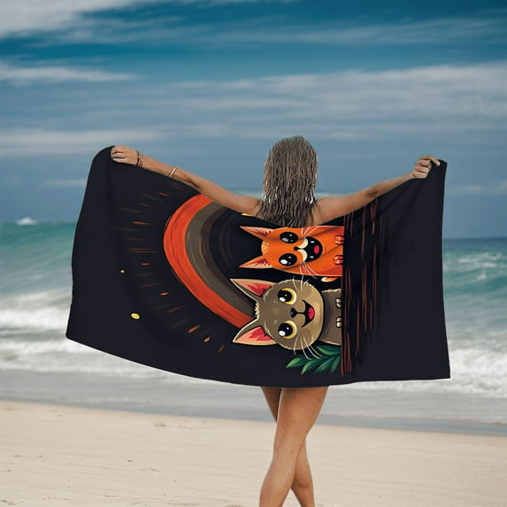 Vibrant Rainbow Cartoon Cats Beach Towel - Cheerful Design for Pool ...