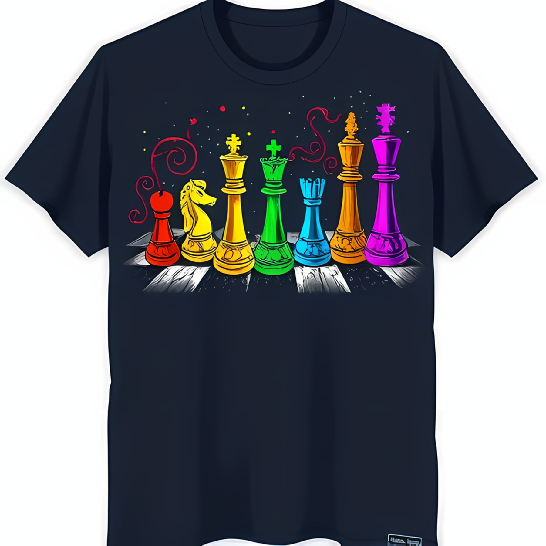 Vibrant Rainbow Chess Pieces Graphic on Dark Blue T-Shirt Whimsical ...