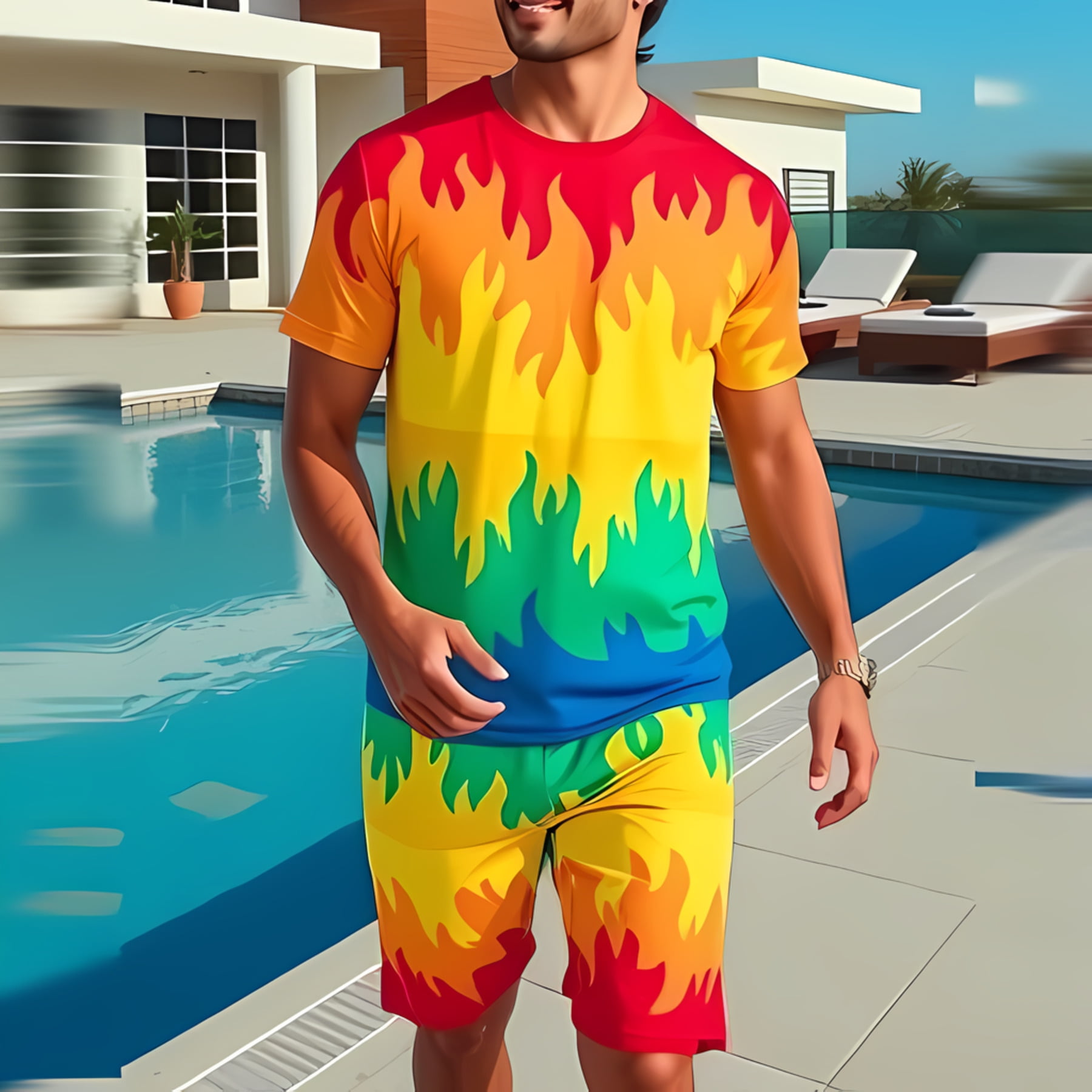 Vibrant Rainbow Flame Pattern Matching T-Shirt and Shorts Set for Summer Fun - Bold & Playful ...