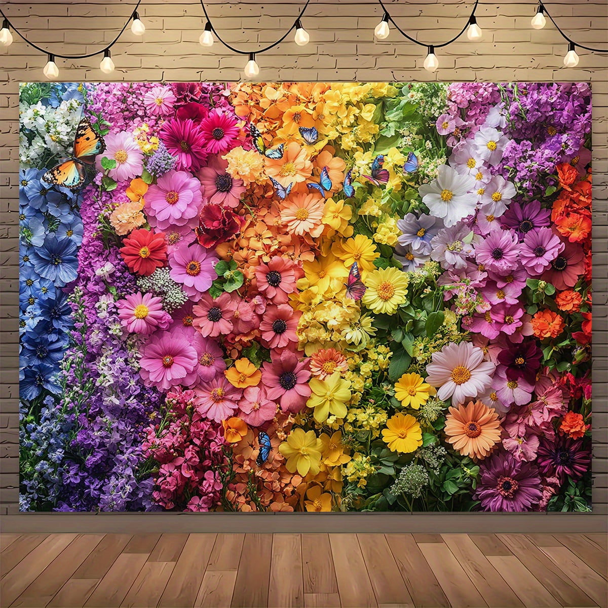 Vibrant Rainbow Floral Wall Backdrop with Blooming Flowers, Polyester ...
